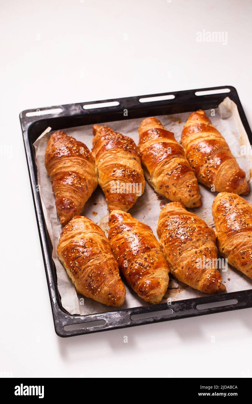 big croissants in a metal baking sheets on a white background, top view ...