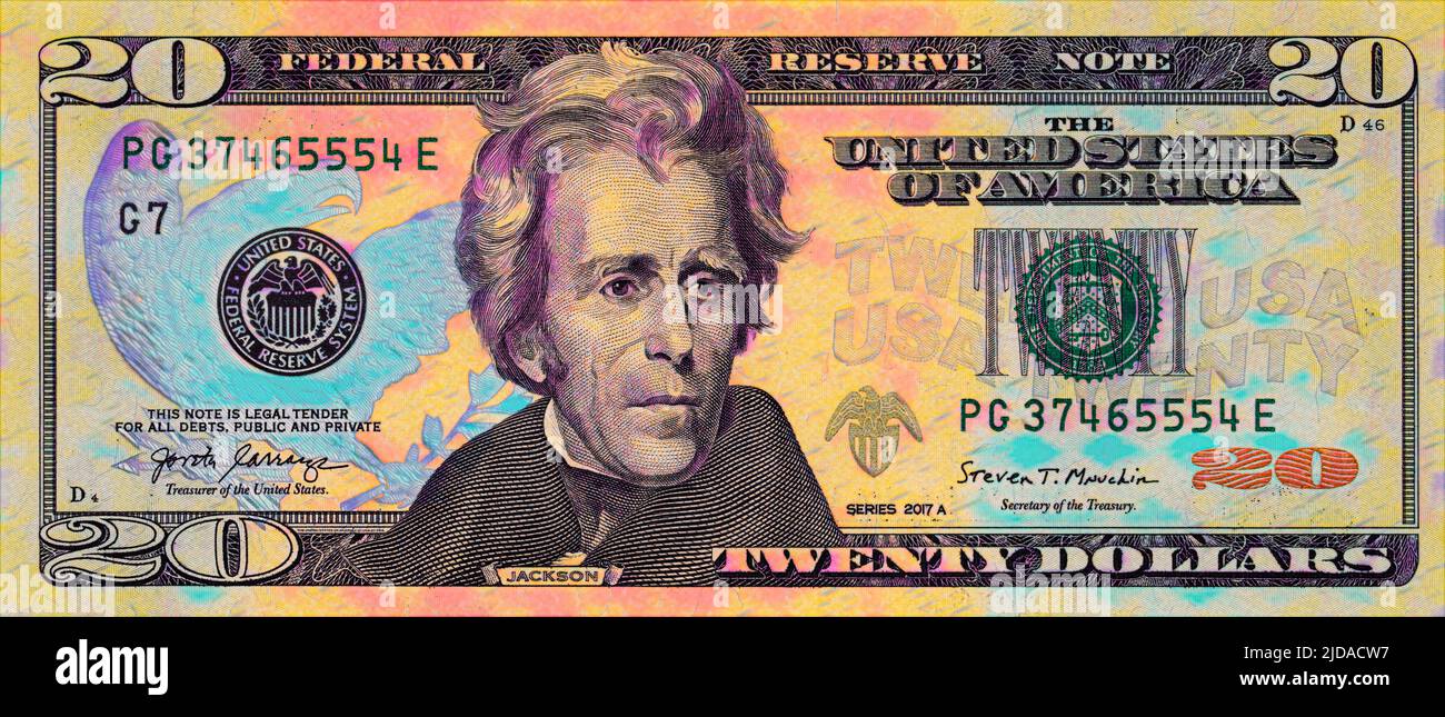 Closeup of colorful front side of 20 dollar banknote for design purpose ...