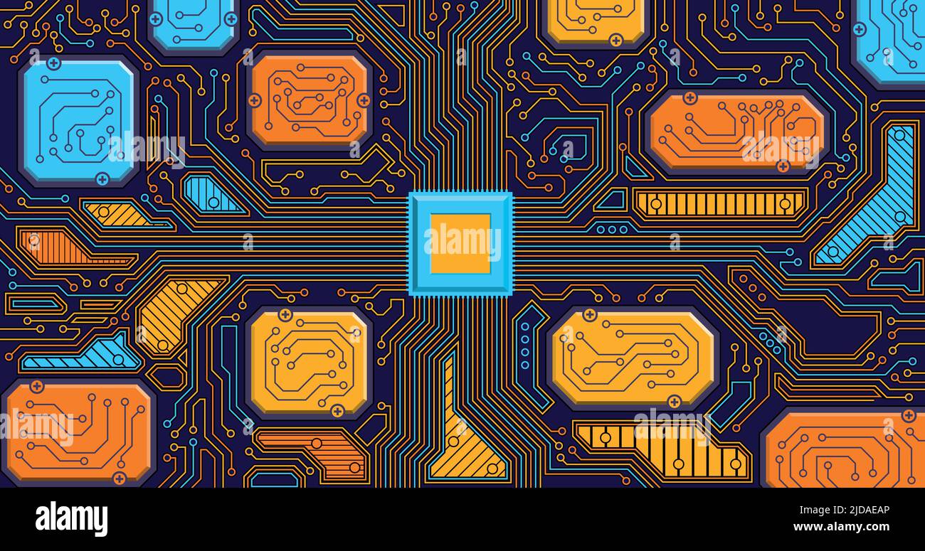 Detail of a circuit board with several chips connected by yellow ...
