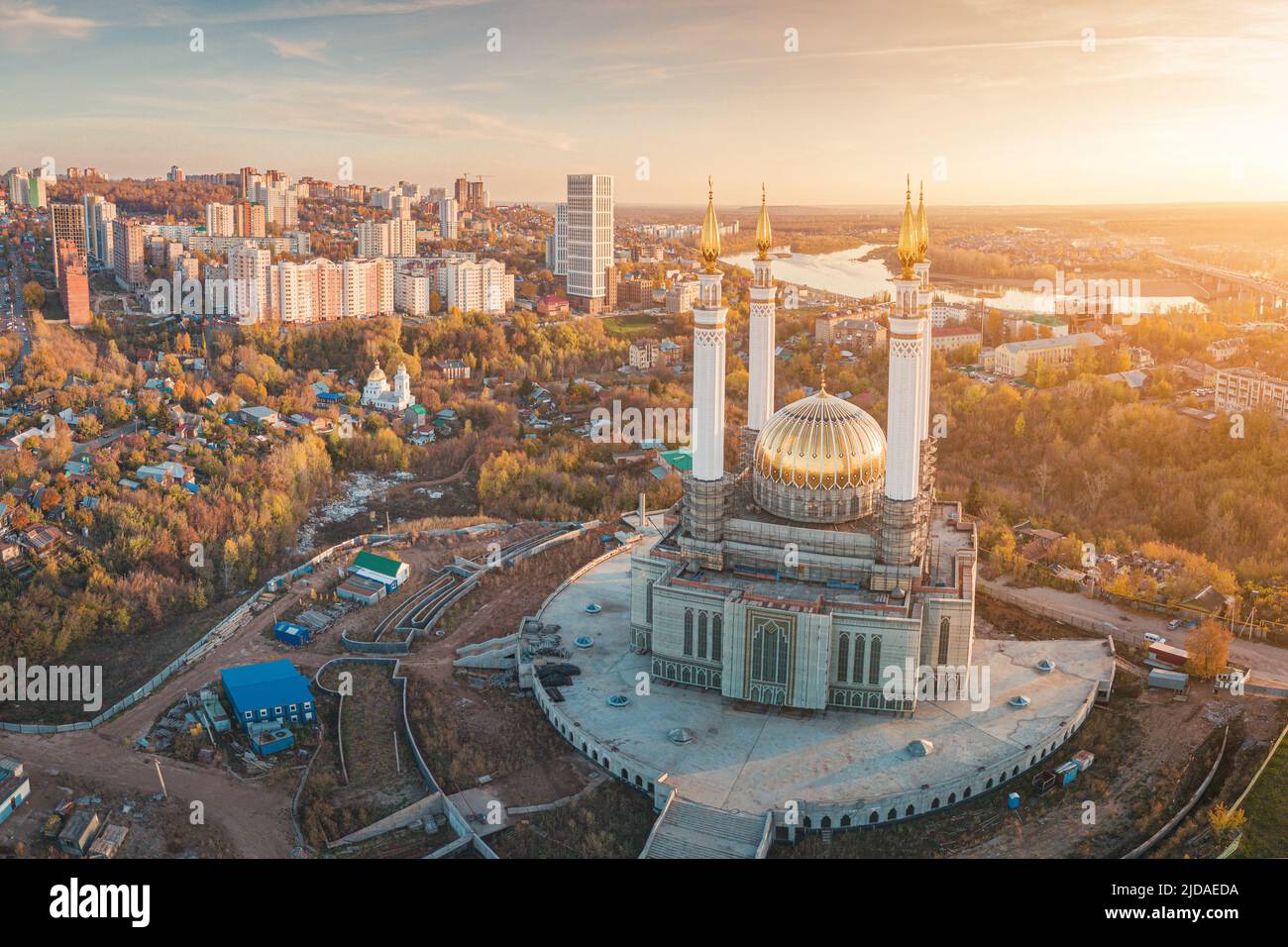 Aerial unusual view of a majestic mosque Ar-Rahim in Ufa. Muslim and ...