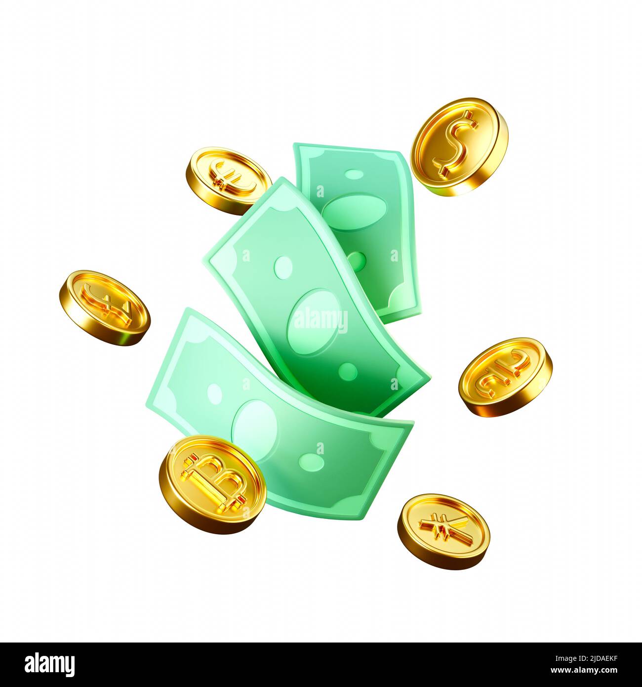 Floating curly dollar bills and golden dollar coins isolated on white ...