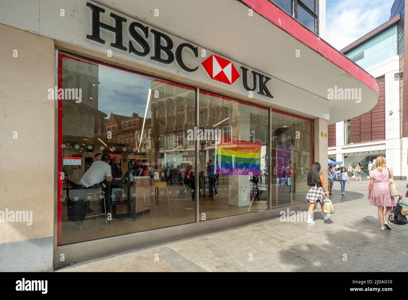 HSBC UK bank branch, Lord Street, Liverpool, England, UK. A pride flag ...