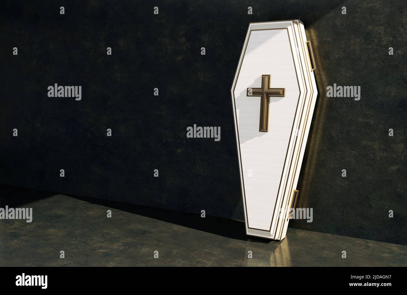 one white coffin stand with black copy space front view. 3d rendering ...