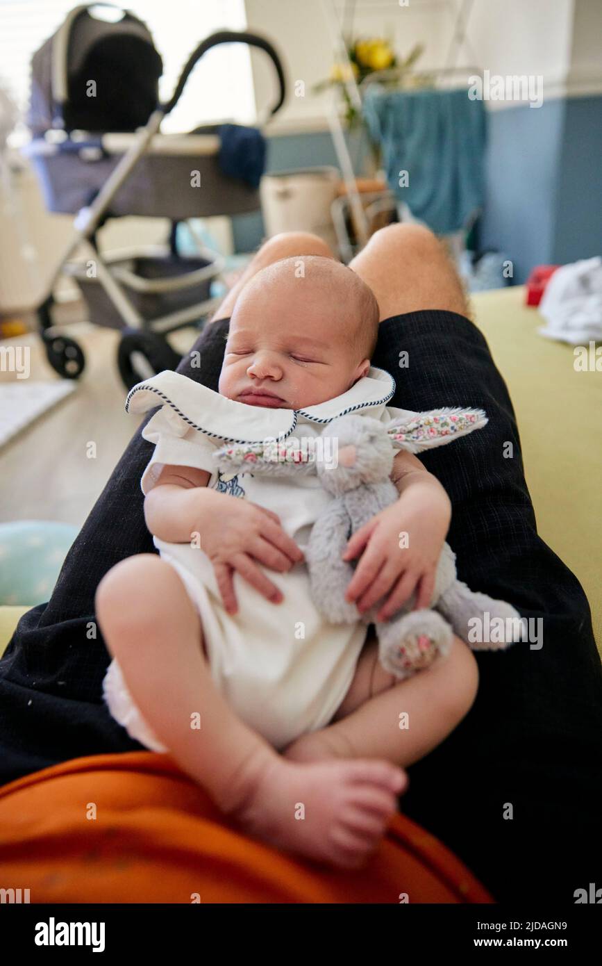 Three month old baby boy asleep indoors on father's lap with a toy ...