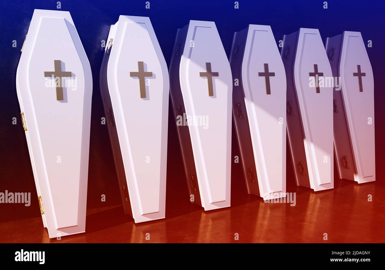 row of white coffins stand front view. 3d rendering Stock Photo - Alamy