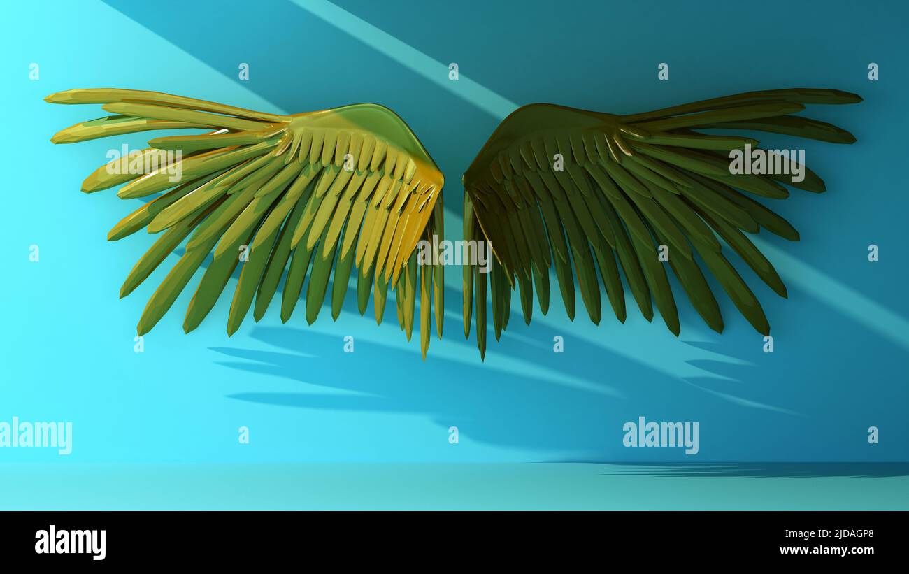 golden wings on blue background. 3d rendering Stock Photo - Alamy