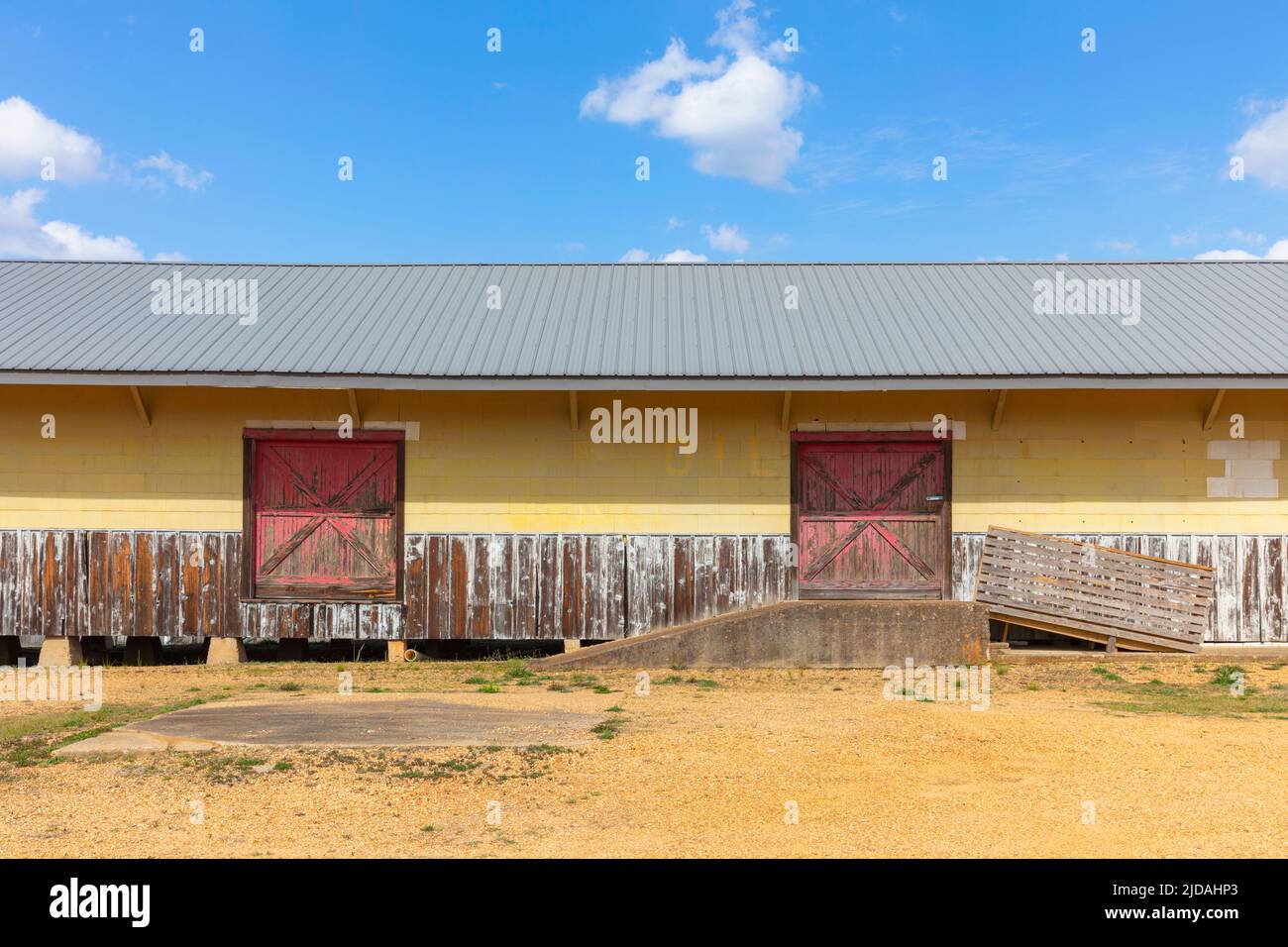 Old loading dock and warehouse, deserted building, exterior, blocked ...