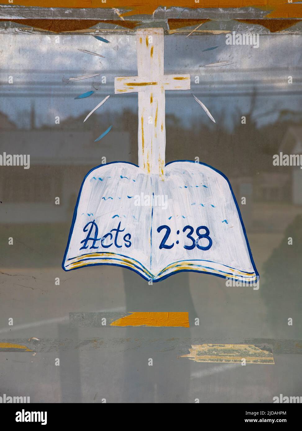 Hand painted bible and cross, a religious sign on a glass window Stock ...