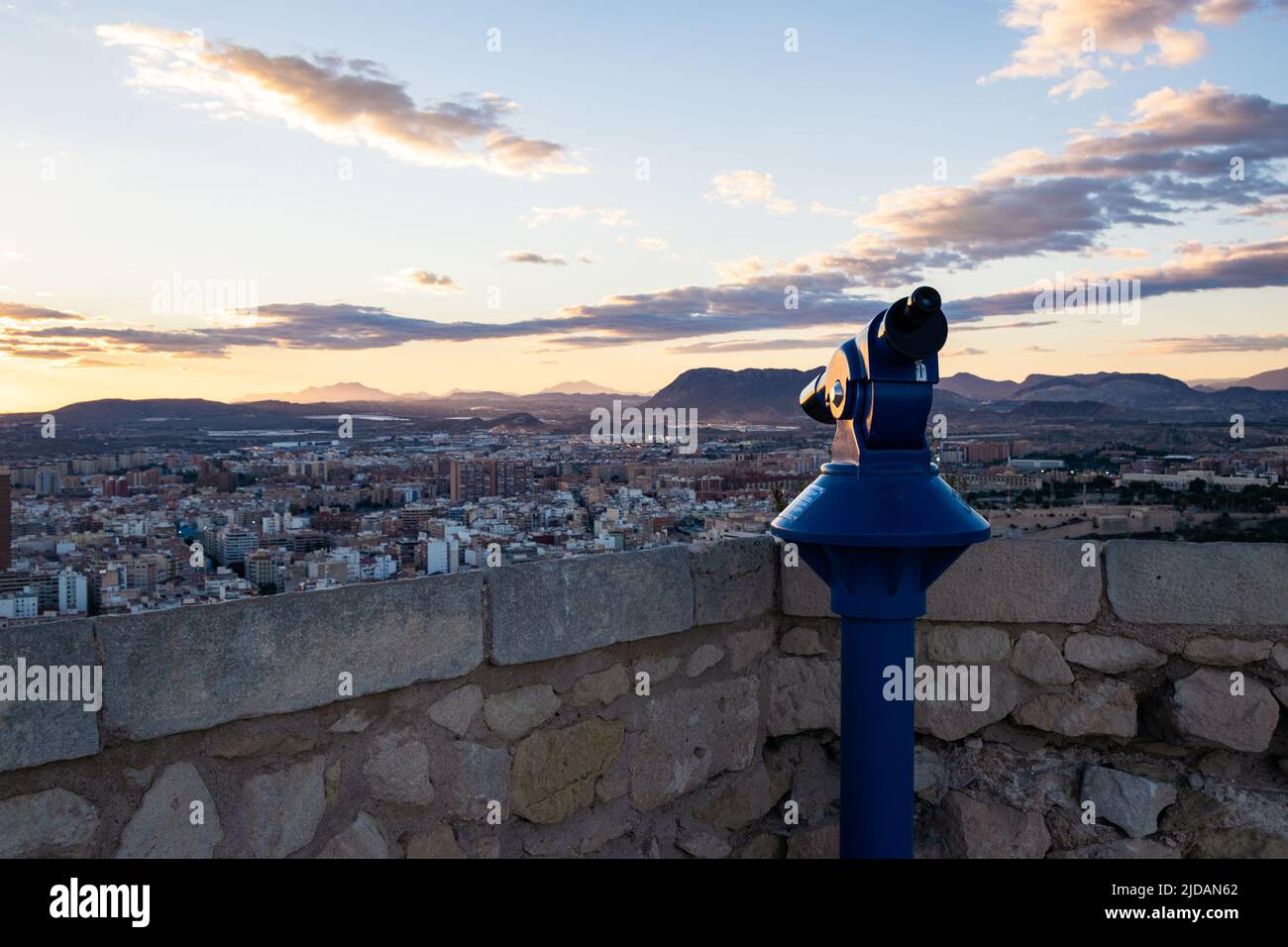 Tower telescope at Santa Barbara castle overlooking Alicante city at ...