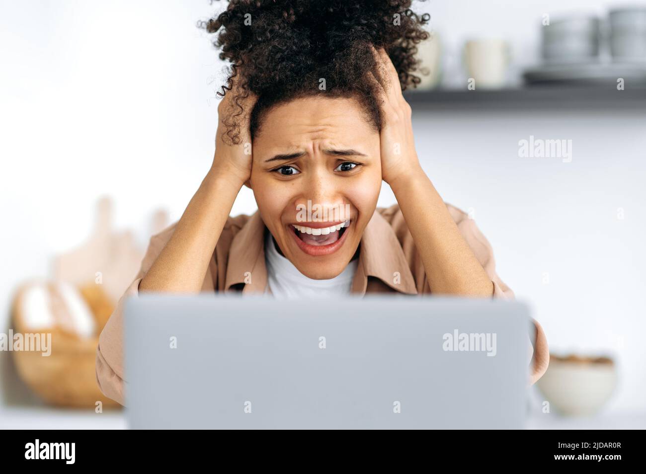 Unhappy Sad Puzzled African American Curly Haired Girl Manager Stock