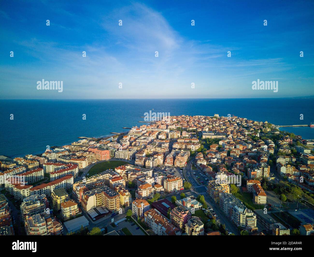 Bird's eye view over small ancient resort town of Pomorie with old ...