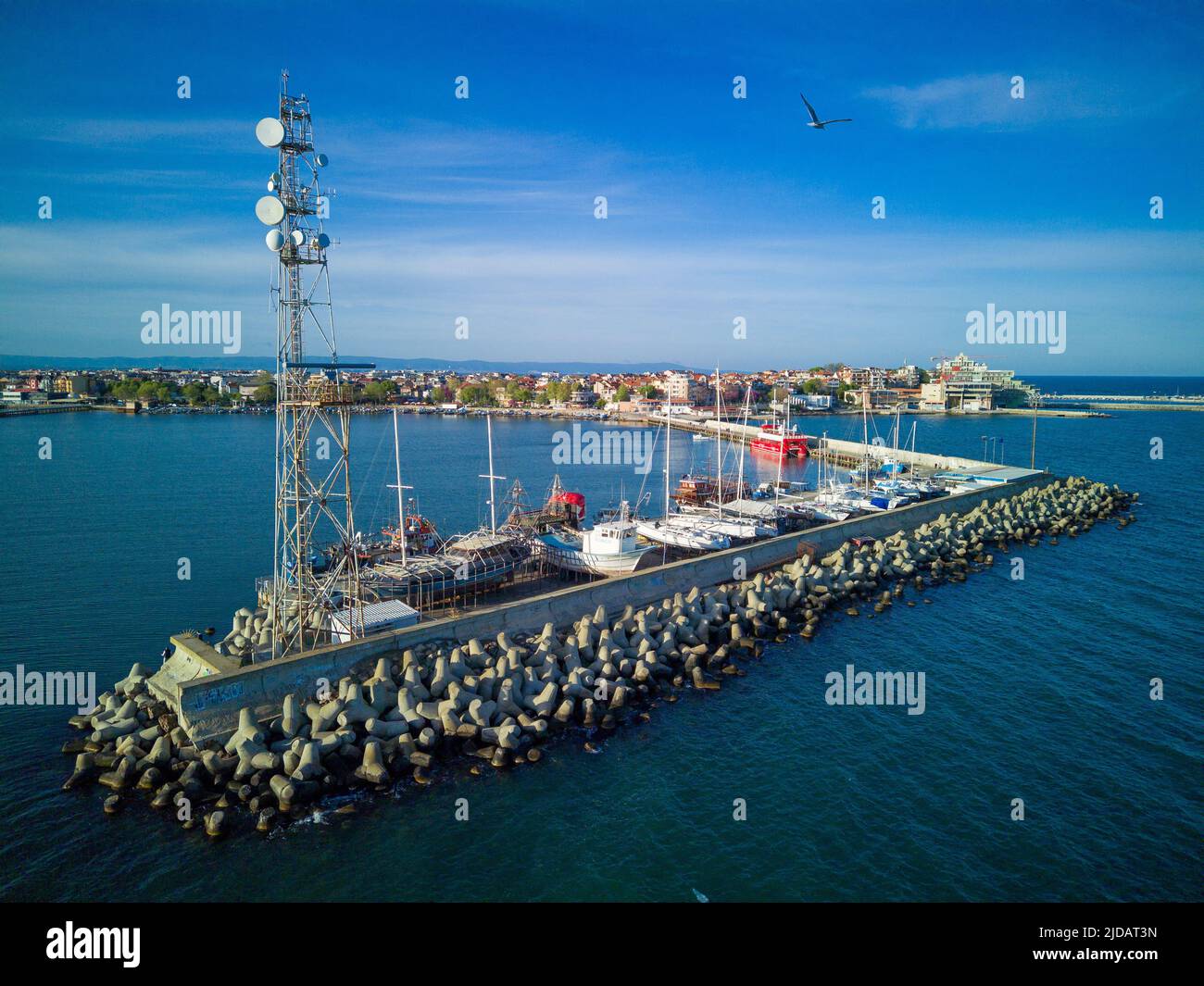 Working modern marine radar station located in a sea small concrete ...