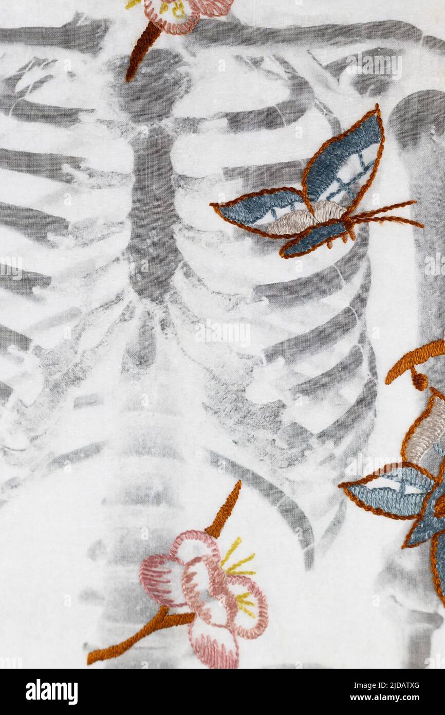 Skeleton covered with embroidered flowers and butterflies Stock Photo ...