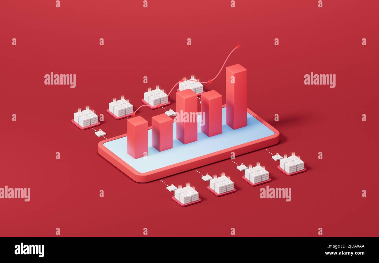 Bar graph with growth trend, 3d rendering. Computer digital drawing ...