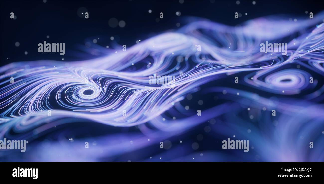 Wave particles lines with swirling pattern, 3d rendering. Computer ...