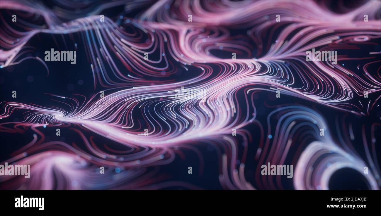 Wave particles lines with swirling pattern, 3d rendering. Computer ...