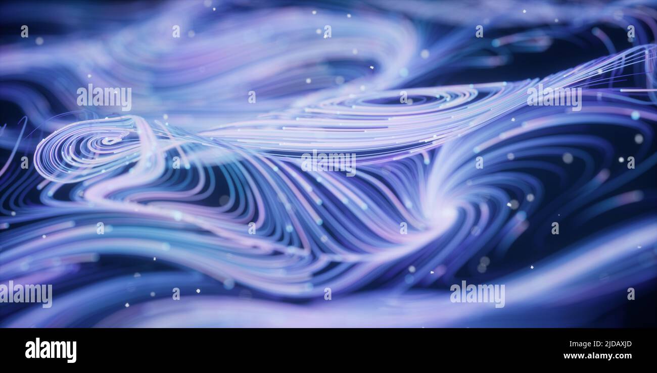 Wave particles lines with swirling pattern, 3d rendering. Computer ...