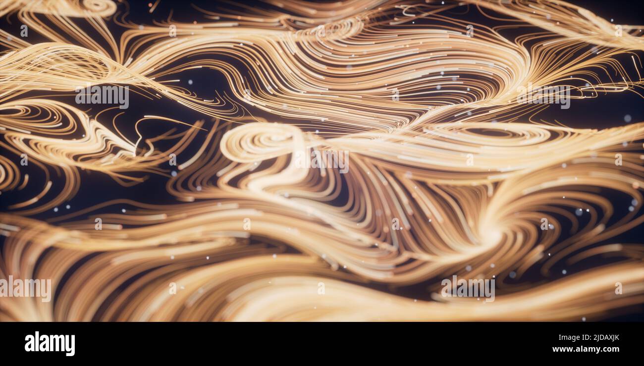 Wave particles lines with swirling pattern, 3d rendering. Computer ...