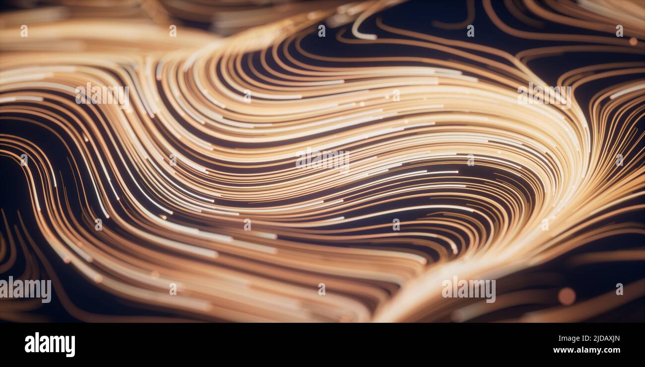 Wave particles lines with swirling pattern, 3d rendering. Computer ...