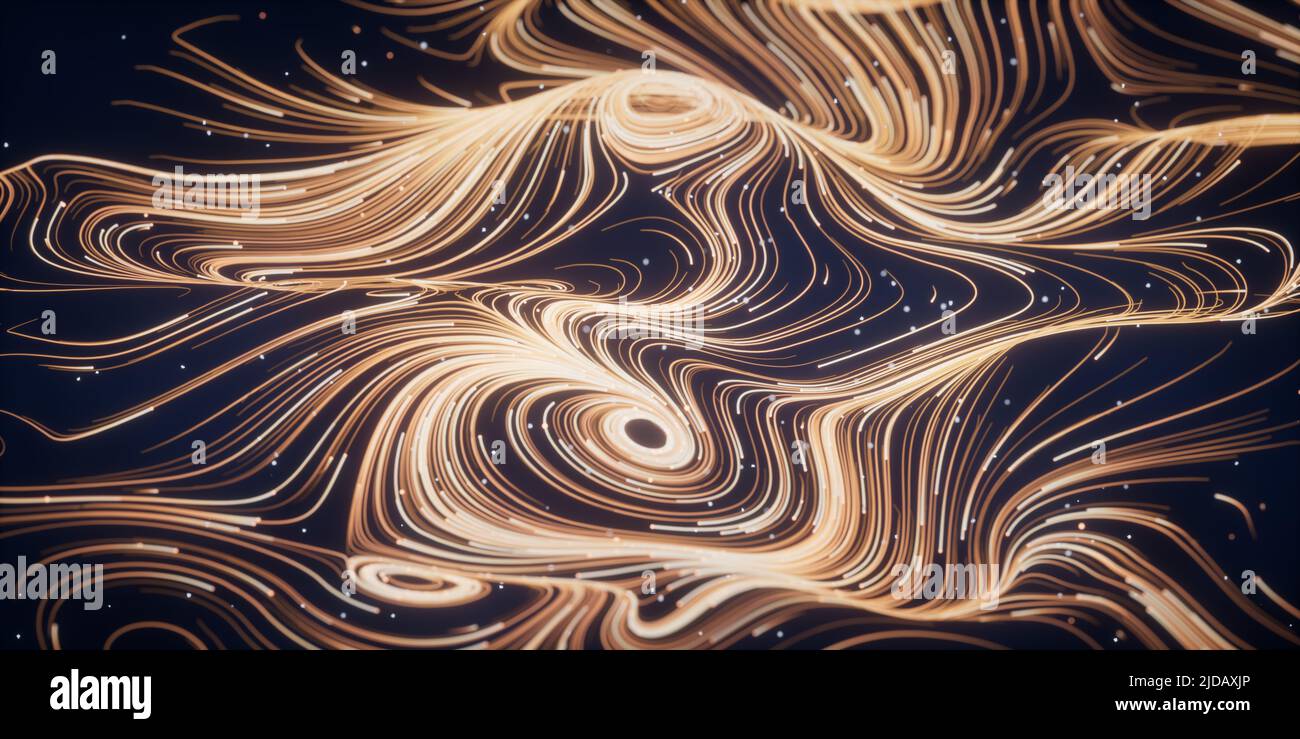 Wave particles lines with swirling pattern, 3d rendering. Computer ...