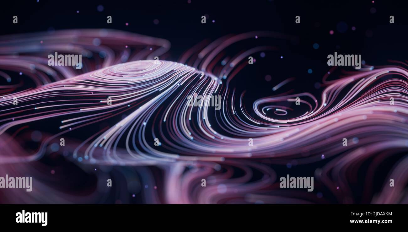 Wave particles lines with swirling pattern, 3d rendering. Computer ...