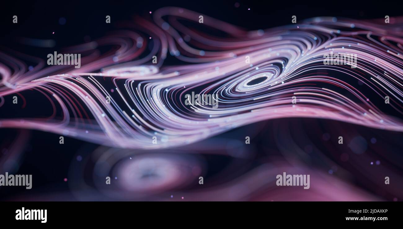 Wave particles lines with swirling pattern, 3d rendering. Computer ...