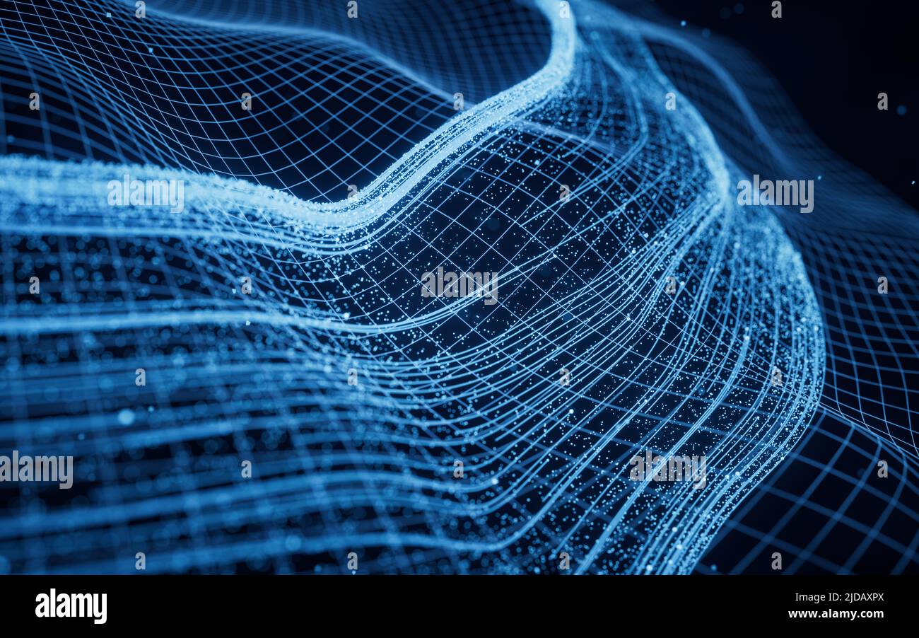 Flowing particles with glowing lines, 3d rendering. Computer digital ...