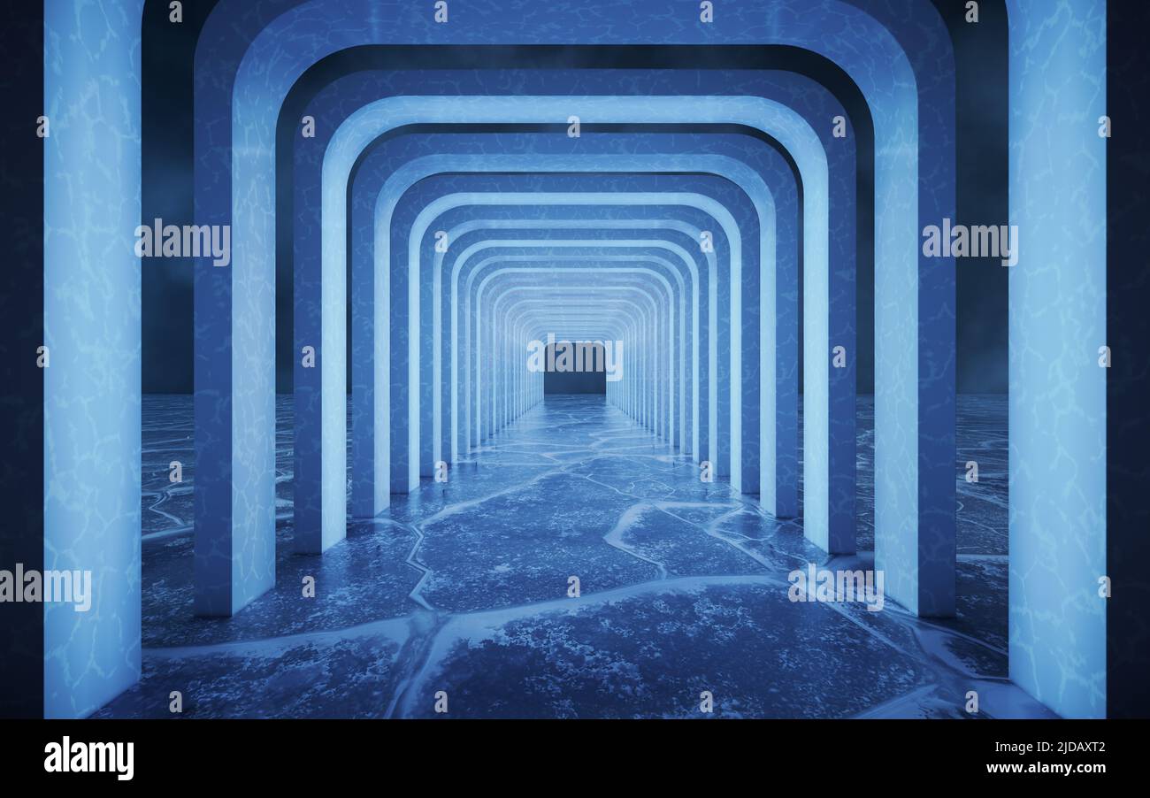 Geometrical frame with ice ground surface, 3d rendering. Computer ...