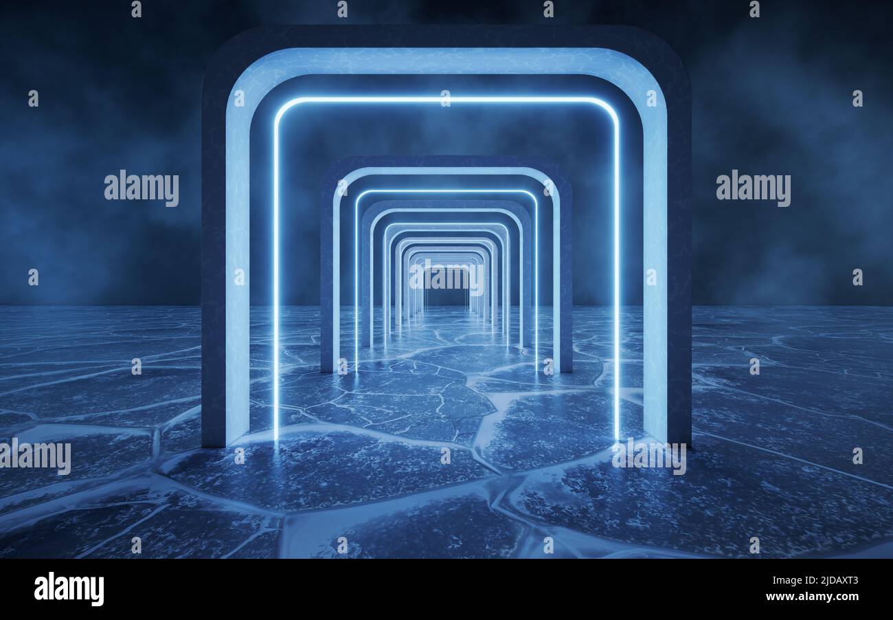 Geometrical frame with ice ground surface, 3d rendering. Computer ...