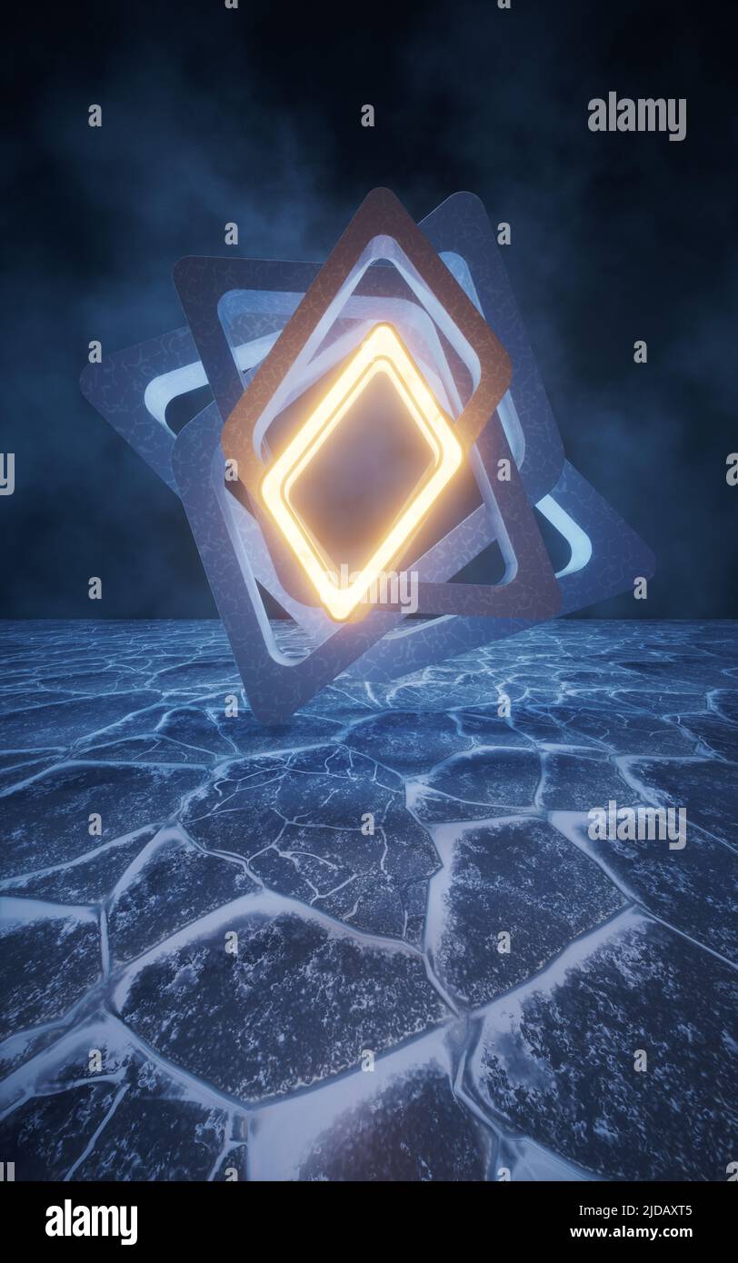 Geometrical frame with ice ground surface, 3d rendering. Computer ...