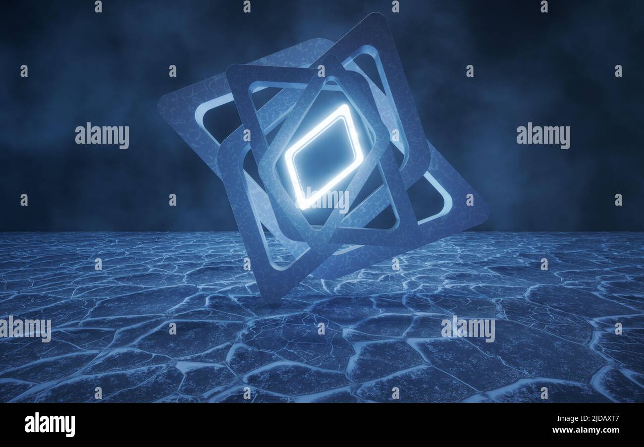 Geometrical frame with ice ground surface, 3d rendering. Computer ...