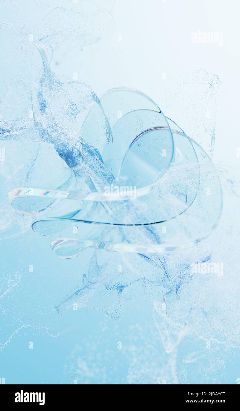 Transparent curve glass with wave particles, 3d rendering. Computer ...
