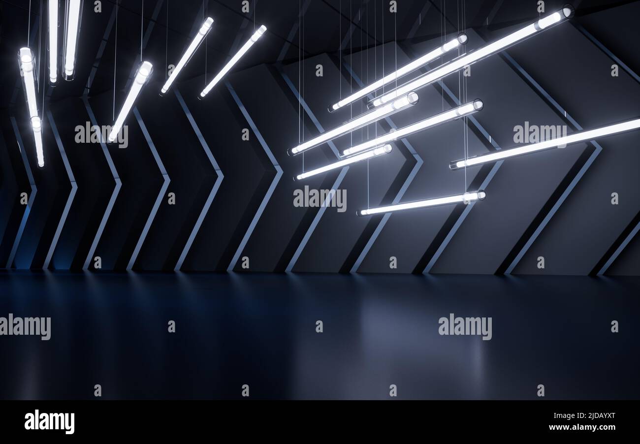 Dark room with lamp lighting illumination, 3d rendering. Computer ...