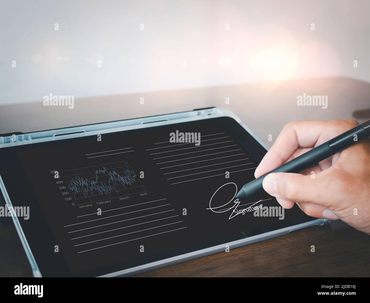 businessman use electronic pen sign signature on electronic E-signing ...