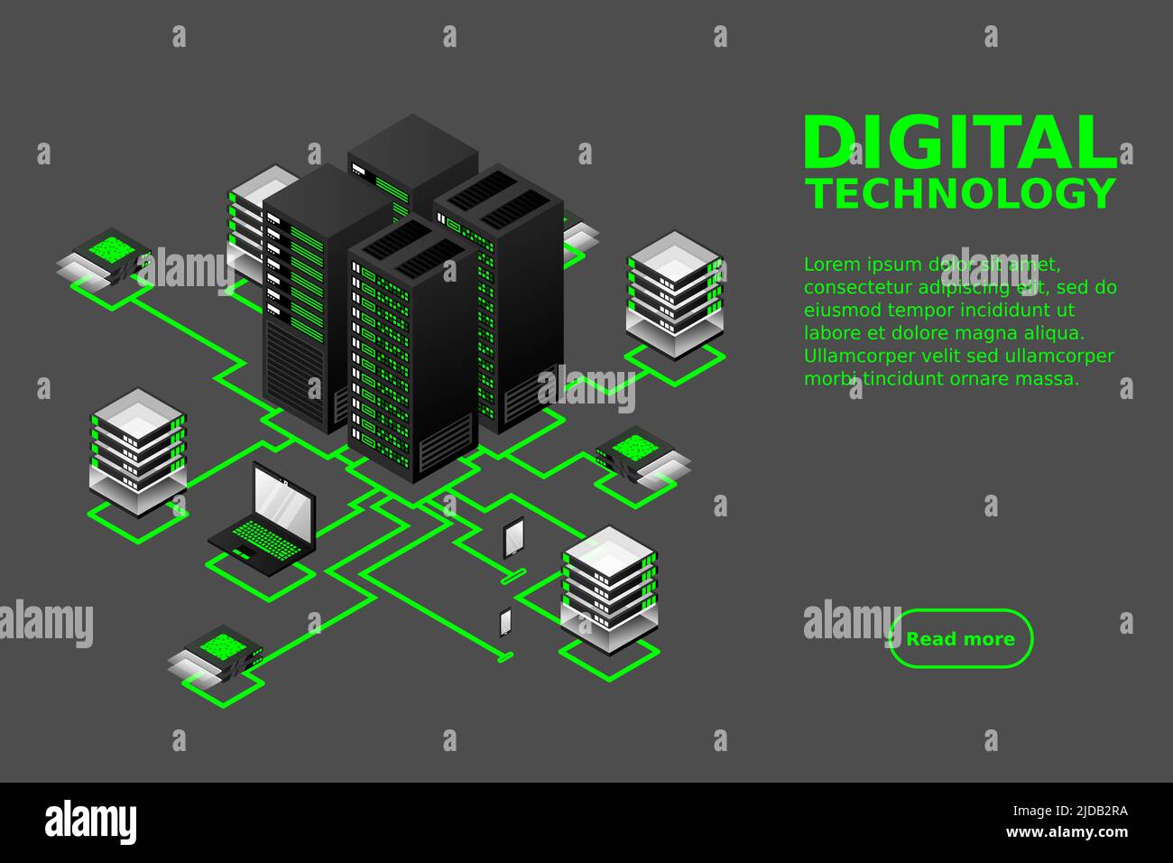 Concept of data network management .Vector isometric map with business networking servers ...