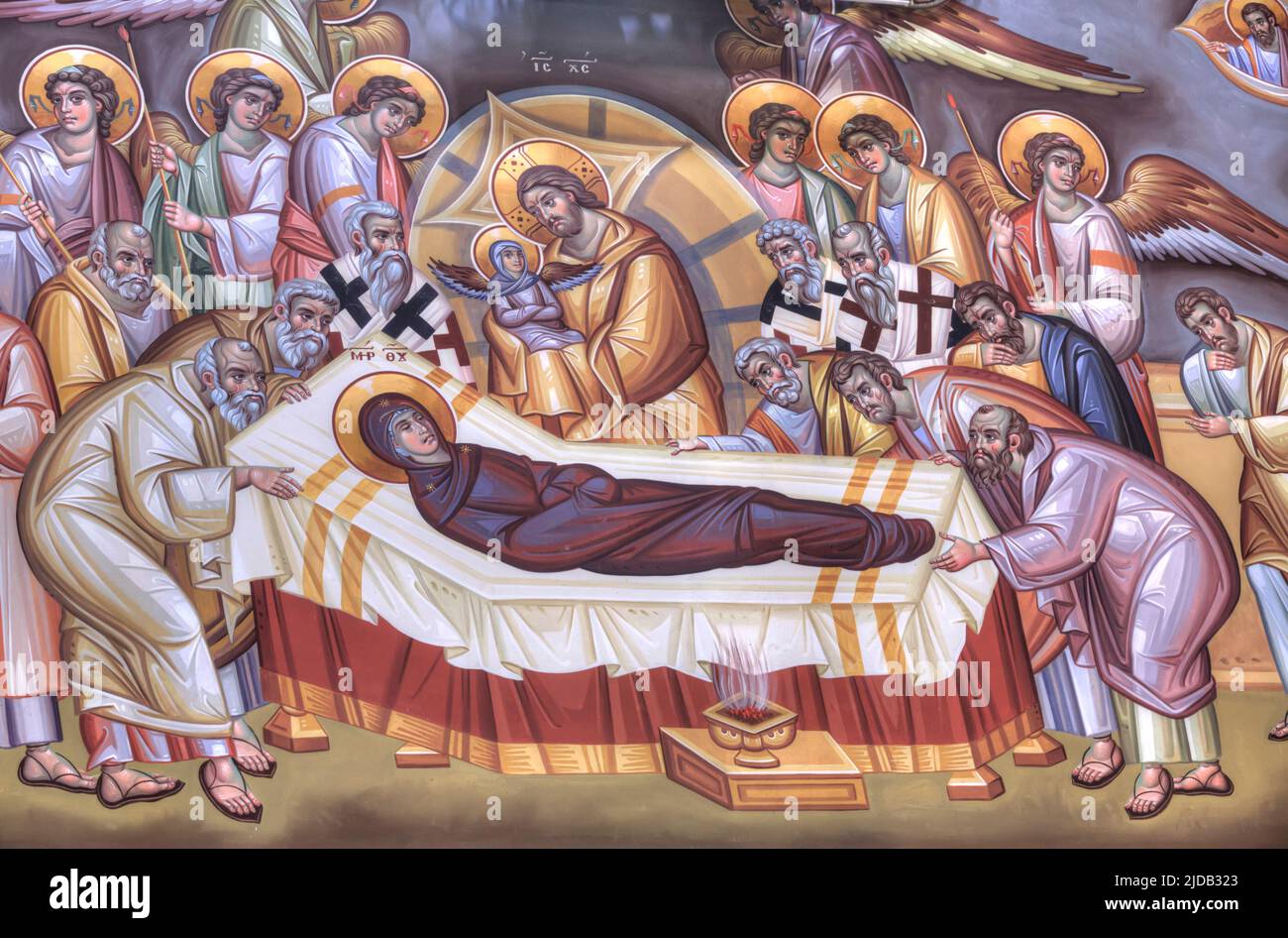 Colorful religious fresco of the Virgin Mary's death and assumption inside the Holy Church of St ...