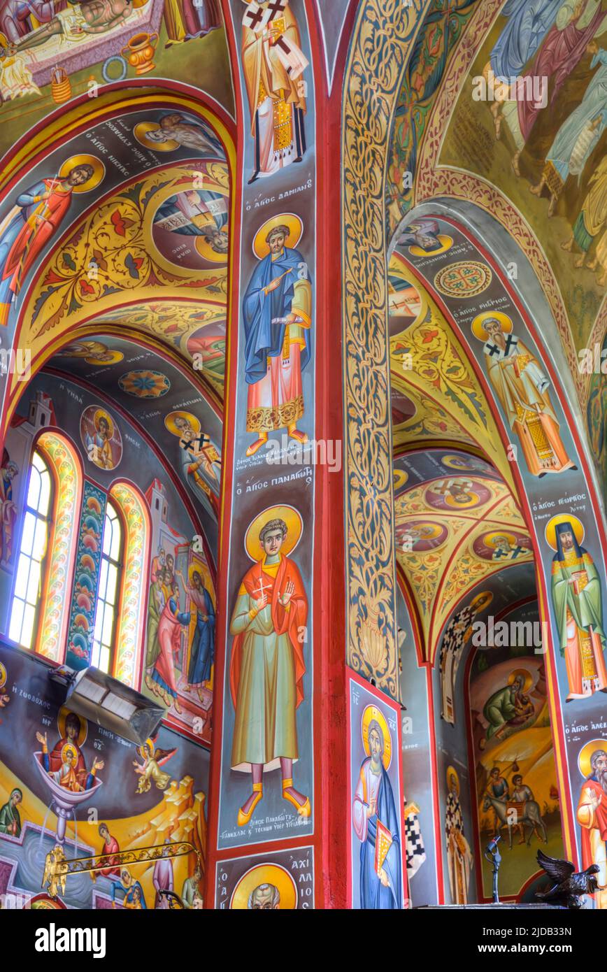 Colorful religious frescoes inside the Holy Church of St Nicholas in ...