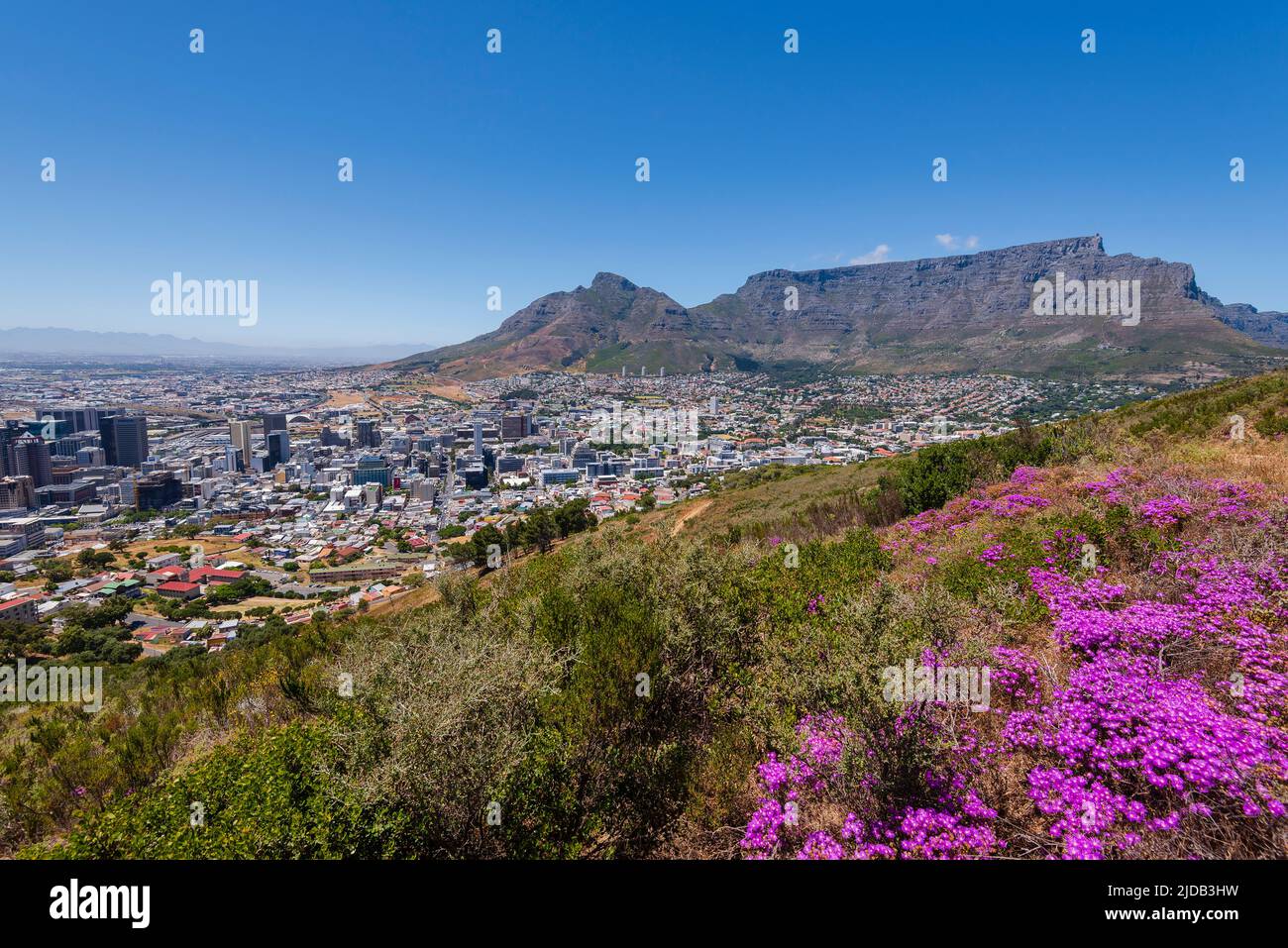 Overview of Cape Town city skyline and Table Mountain from Signal Hill ...