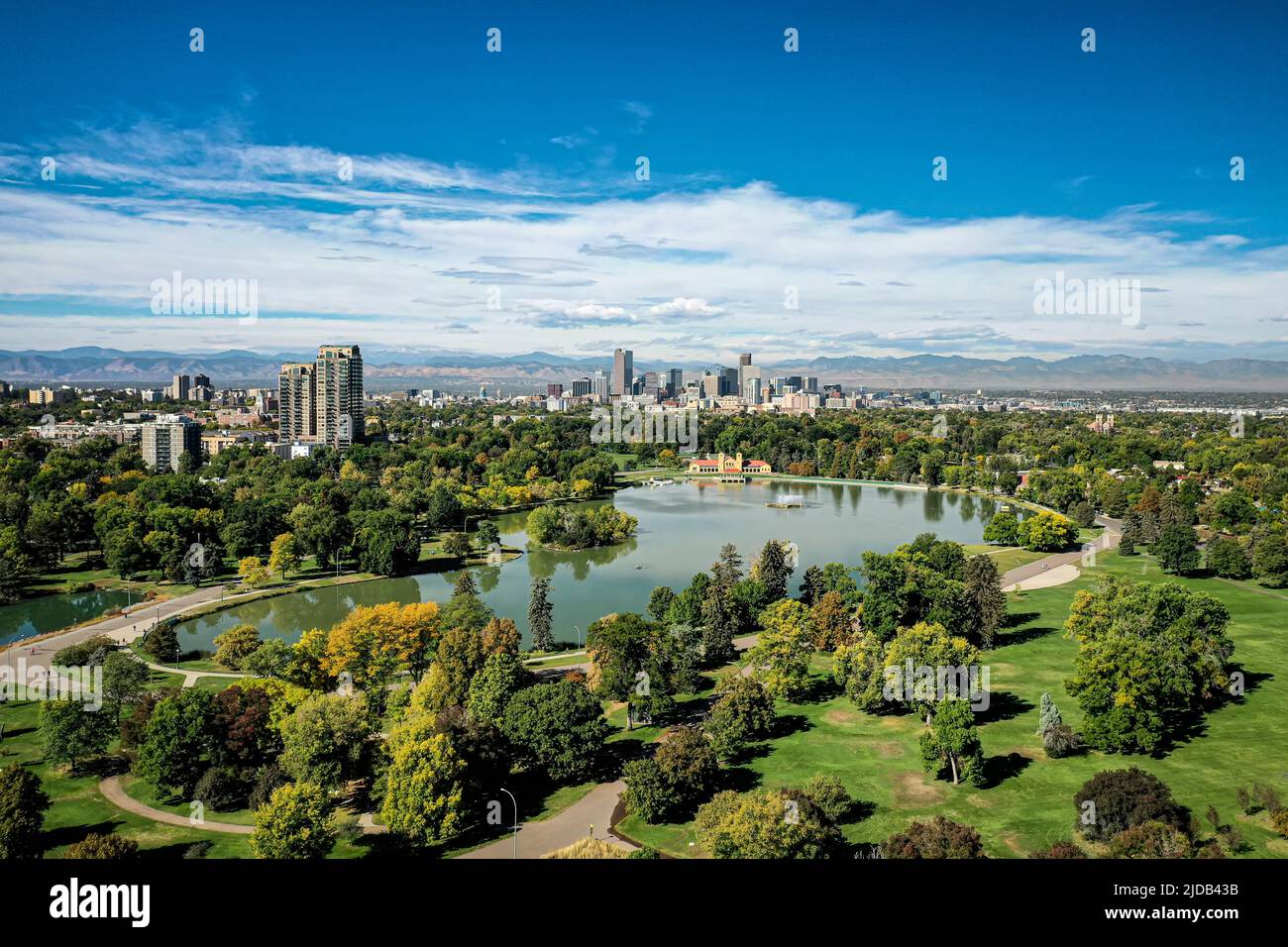 Panoramic view of the city of Denver with overview of Ferril Lake and ...