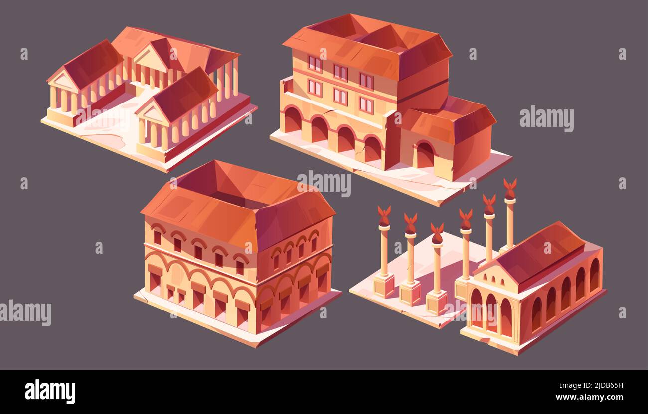 Rome buildings isometric vector icons set. Capitol temple and basilica ...