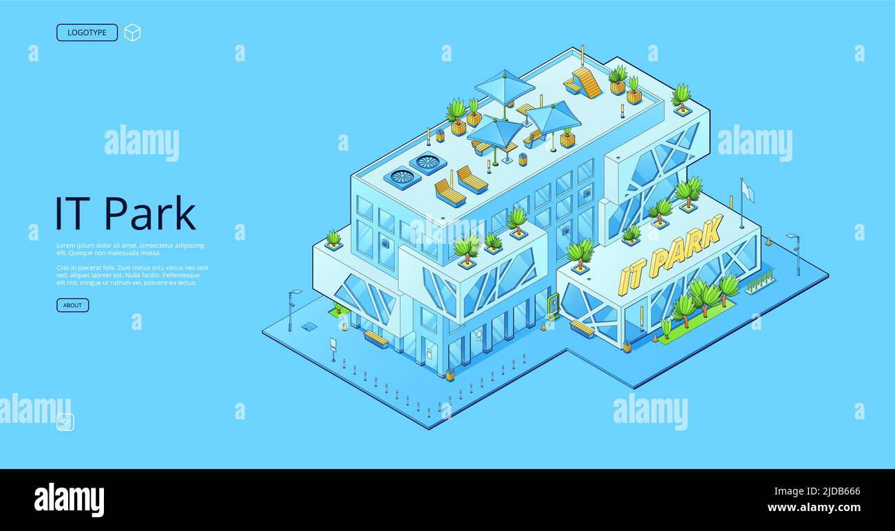 IT park banner with isometric modern business office building. Vector ...
