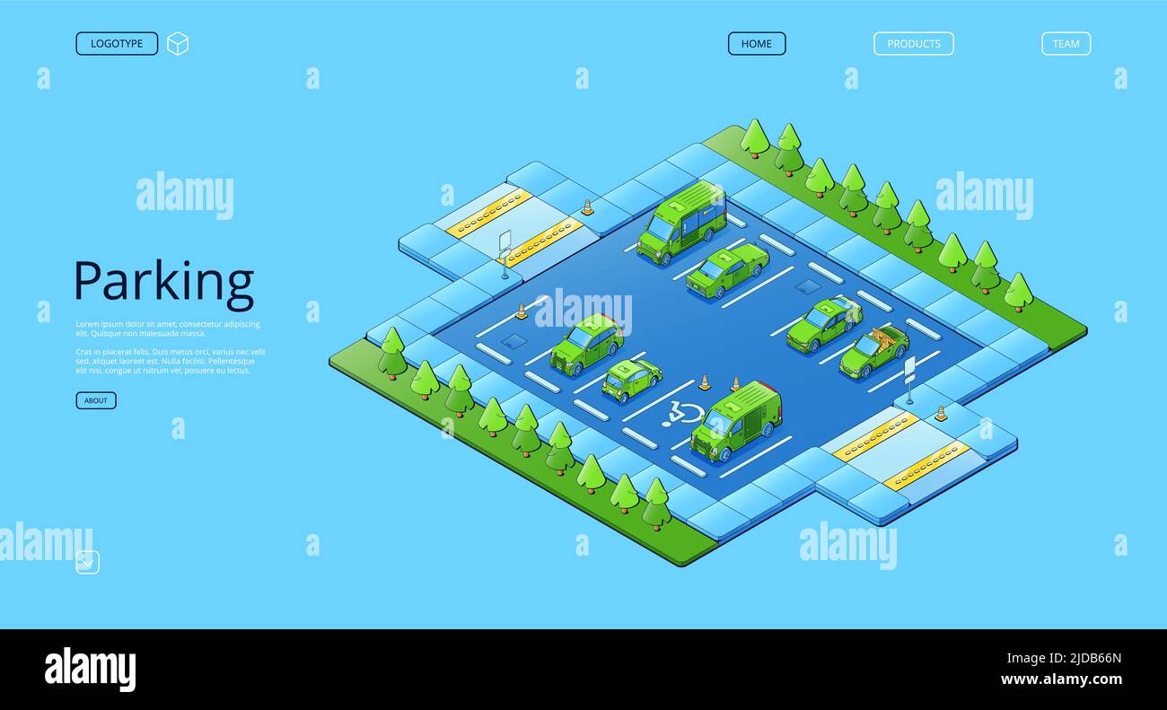 Parking banner with isometric illustration of cars, trees and road ...