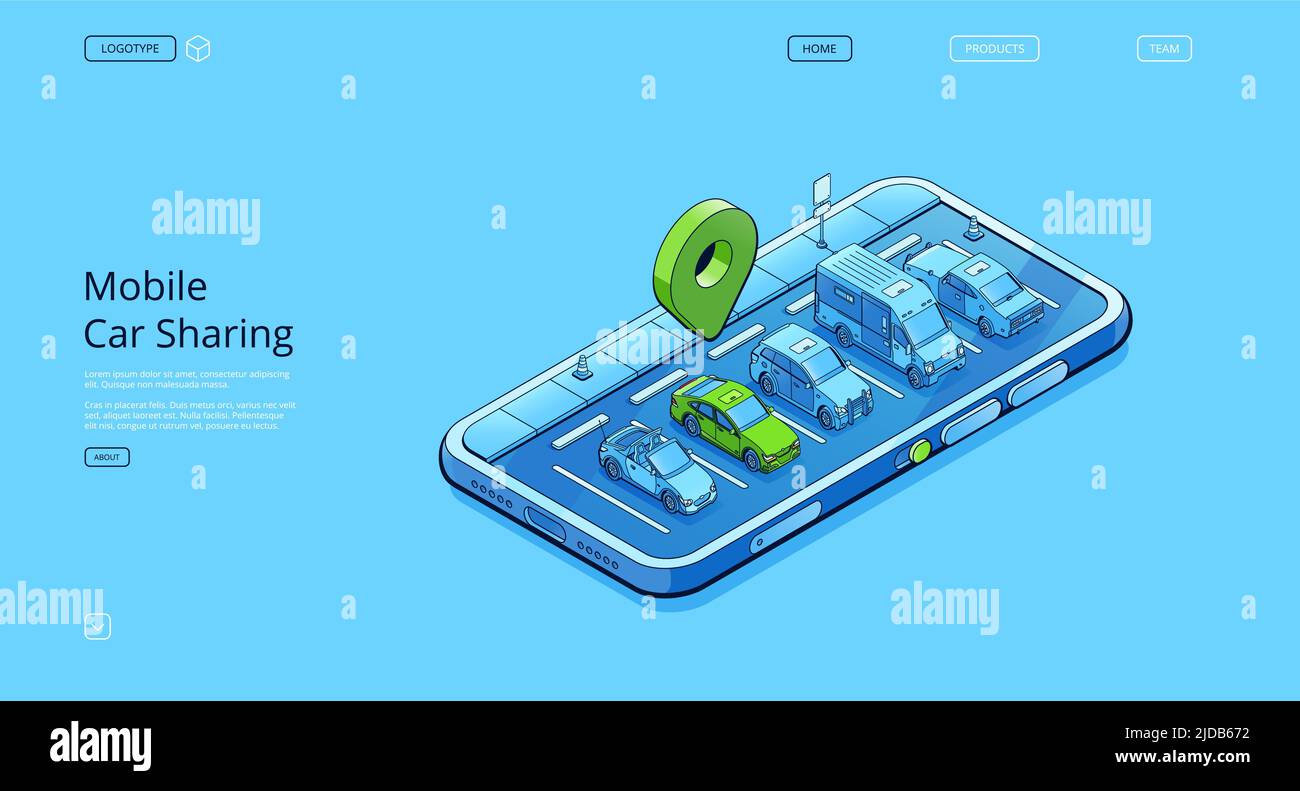 Mobile car sharing banner with isometric illustration of parking with ...