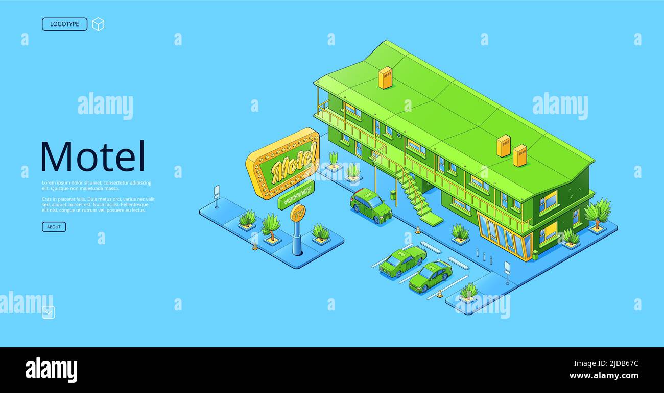 Motel poster with isometric small hotel building exterior with parking ...