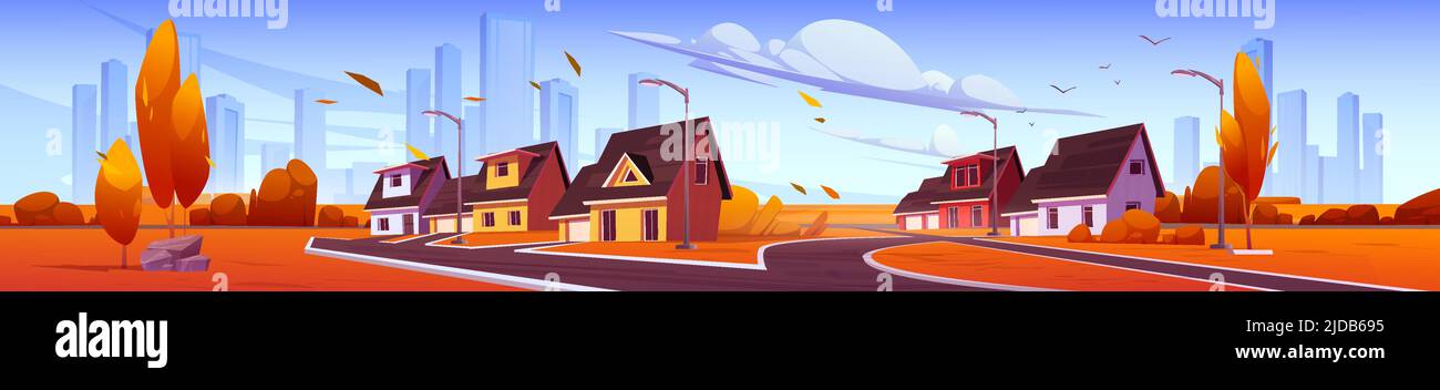 Suburban district with cottages at autumn nature landscape. Road lead ...