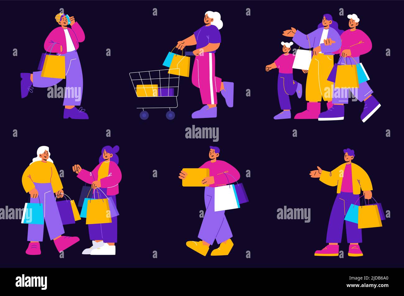 Set of people in shopping mall or boutique, visitors with trolley and ...