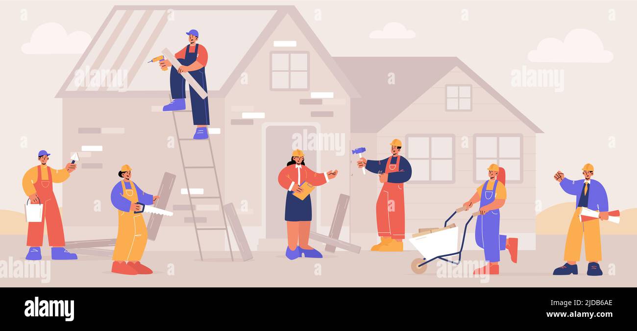 Home renovation workers crew building or repair house. Repairman team ...