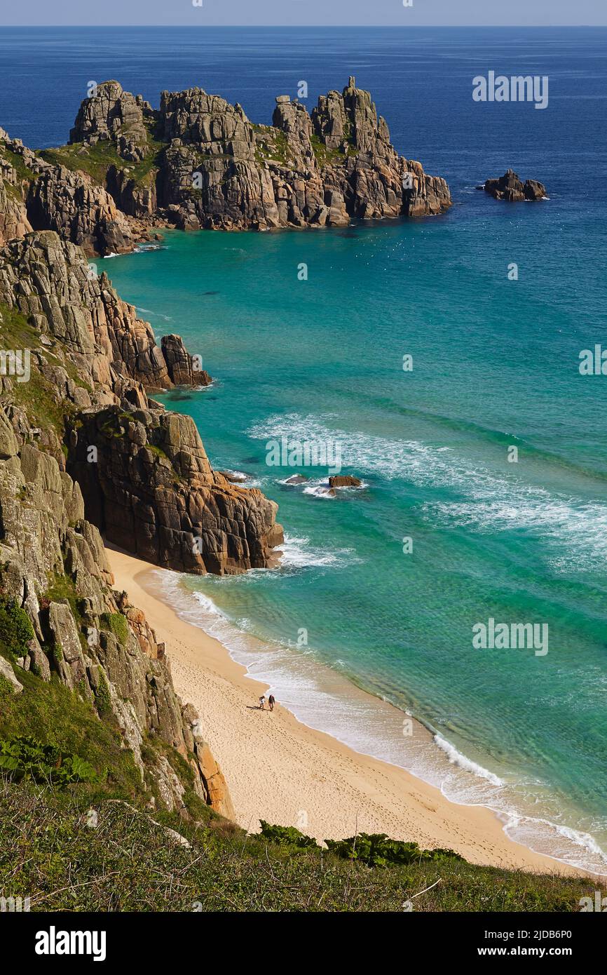 A view from the cliffs at Treen across Pen-y-Vaunder beach to Logan ...