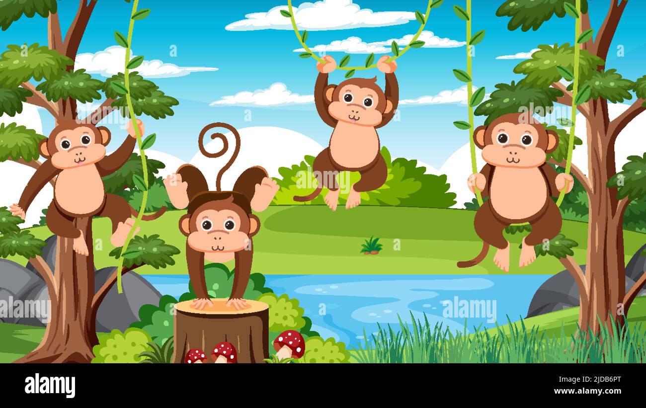 Monkey group in the forest background illustration Stock Vector Image ...