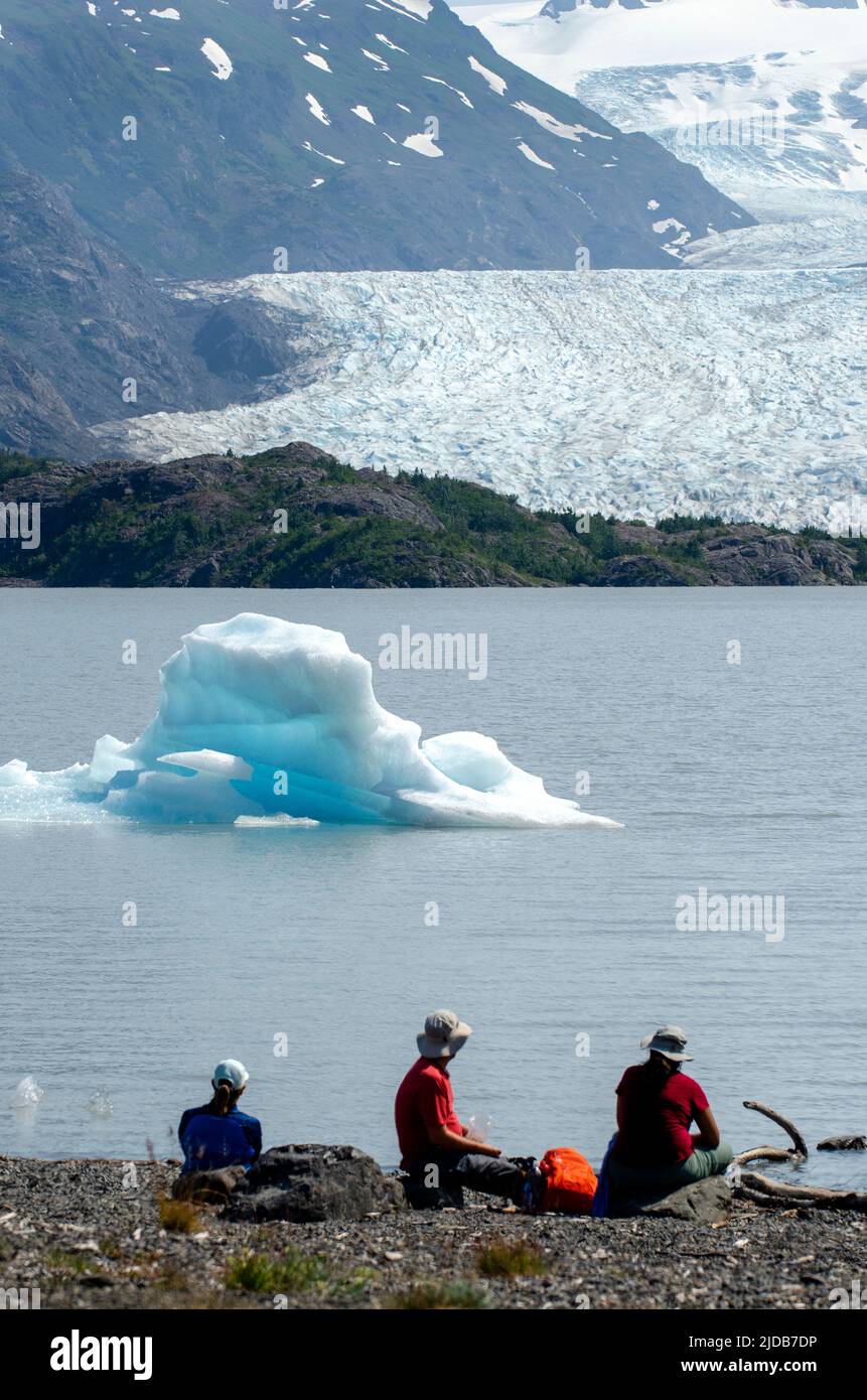 Hikers take a break to watch icebergs push against the shore at ...